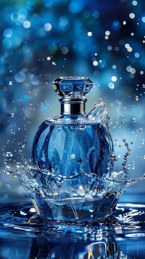 Blue Perfume Bottle Splashing in Water with Bokeh Background Stock ...