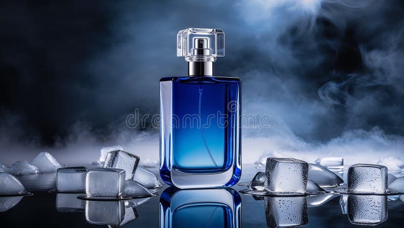 Blue Perfume Bottle Surrounded by Ice and Smoke Creating a Cool and ...