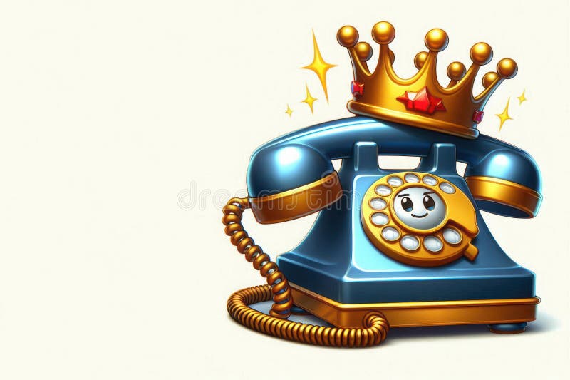 A Blue Phone with a Crown and a Smiling Dial. Space for Text. Stock ...