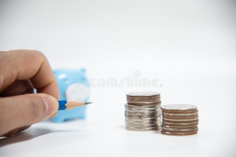 Blue Pig and Coins in Saving Money Stock Photo - Image of investor ...