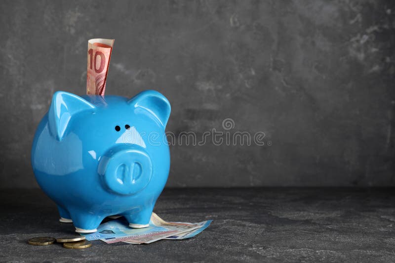 Blue Piggy Bank on Green, Top View. Space for Text Stock Photo - Image ...