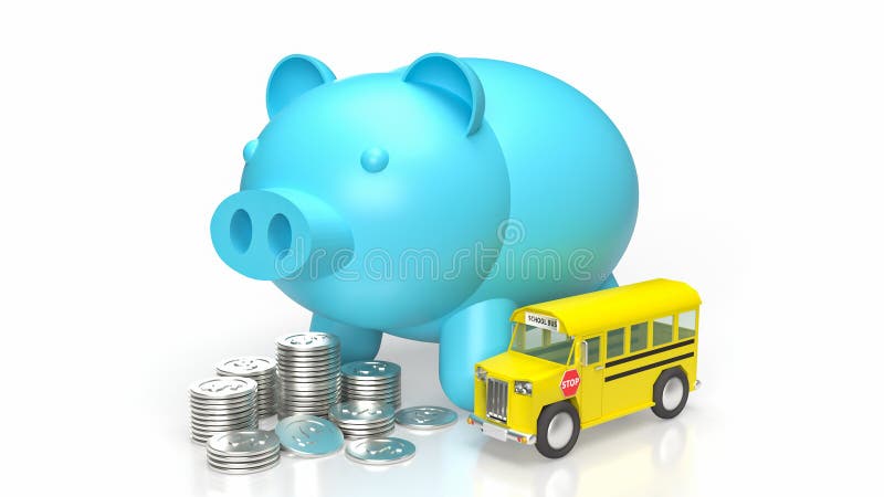 The Blue Piggy Bank and School Bus on White Background 3d Rendering ...