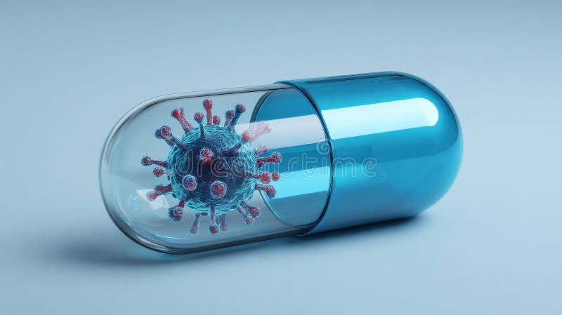 Blue Pill Encapsulating a Virus on a Light Blue Background, 3d ...