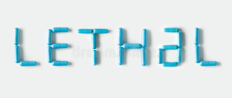 Blue Pills Capsules in Shape of Word Lethal. Life Concept Isolated ...