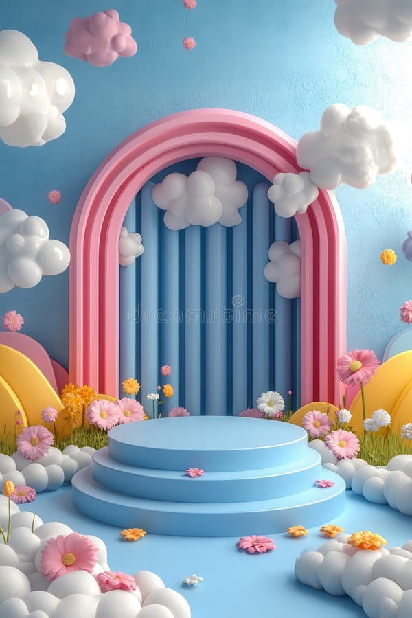 A Blue and Pink Archway with Flowers and Clouds Stock Photo - Image of ...