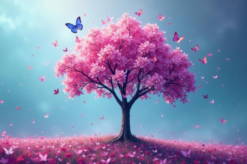 Blue and Pink Butterflies Fluttering Around a Solitary Tree Tree Bloom ...