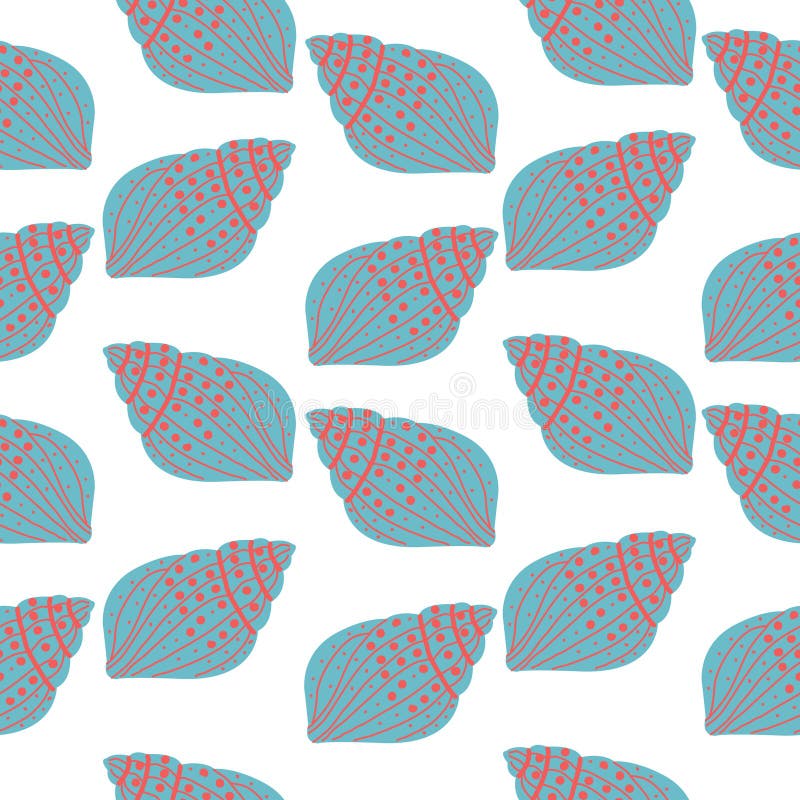 Blue with Pink Dot Seashell Hand Drawn Seamless Patterm on White ...