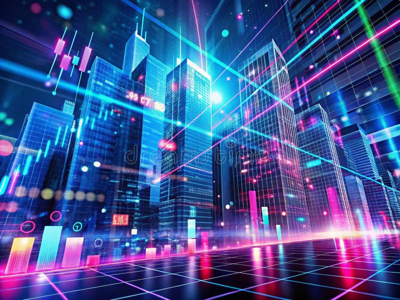Blue and Pink Financial Data Points Form Futuristic Grid a Long ...