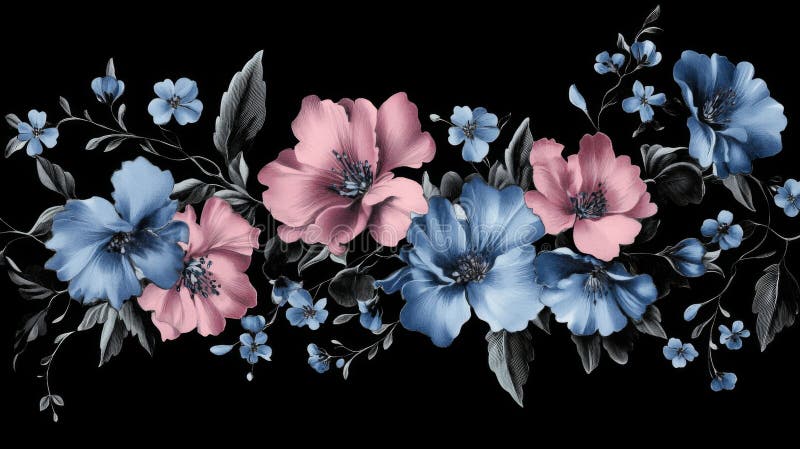 Blue and Pink Floral Arrangement on Dark Background Stock Illustration ...