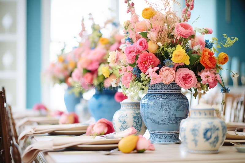 Blue and Pink Floral Arrangements on a Festive Table Stock Photo ...