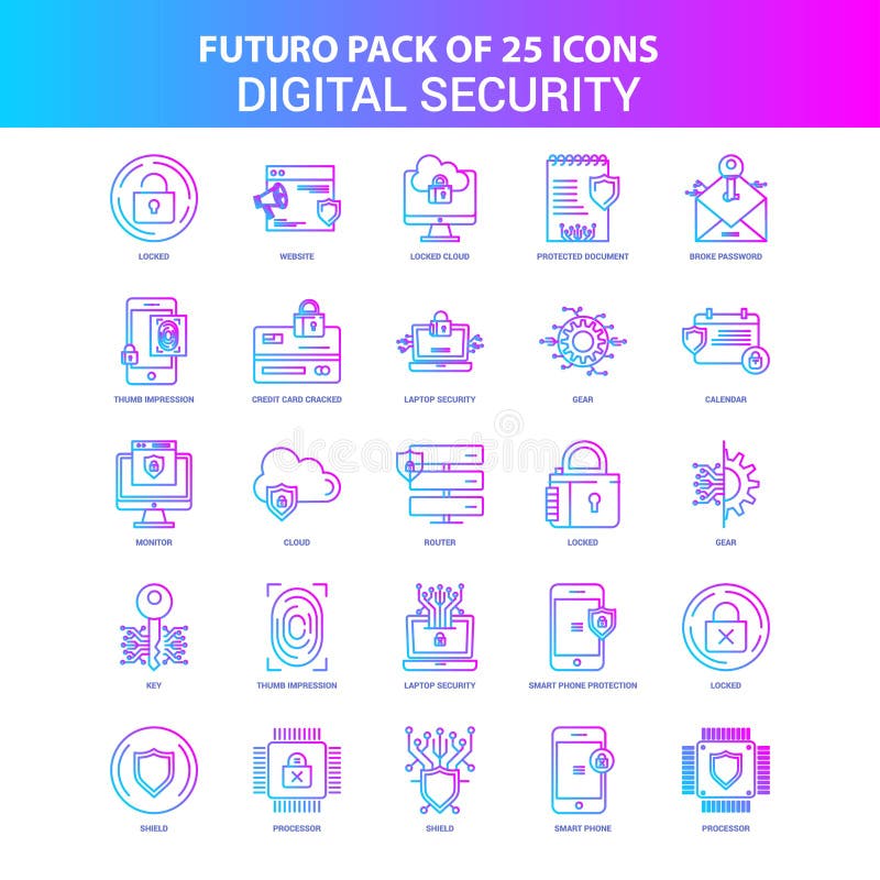 25 Blue and Pink Futuro Digital Security Icon Pack Stock Vector ...