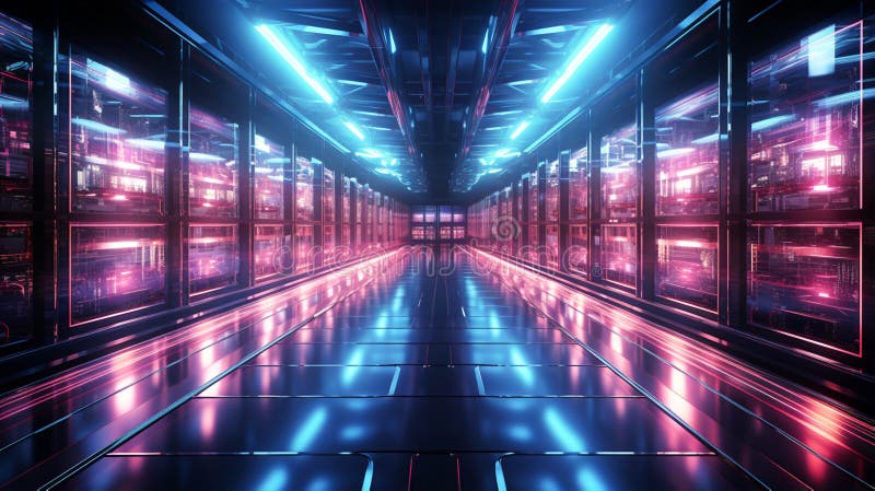 Blue and Pink Lights Server Room with Rows of Servers Interior Stock ...