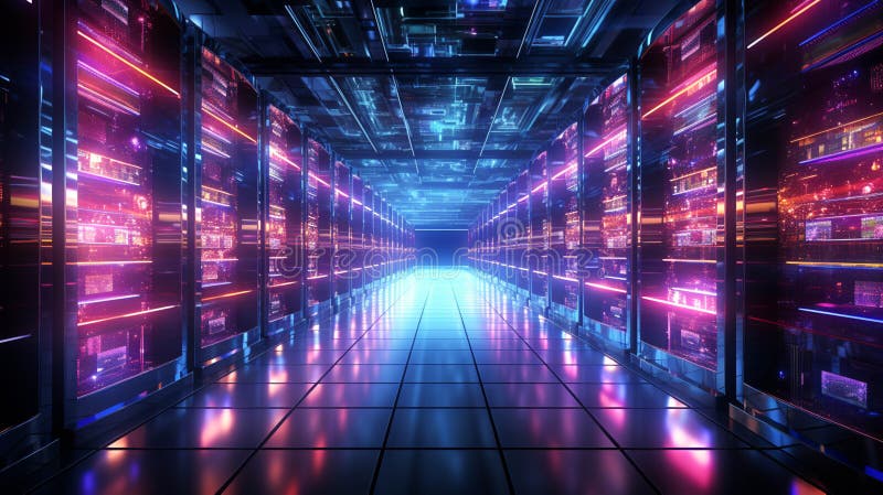 Blue and Pink Lights Server Room with Rows of Servers Interior Stock ...