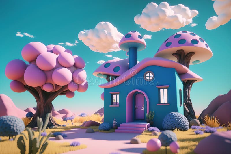 Blue Pink Mushroom House in a Magical Land AI Generated Stock ...