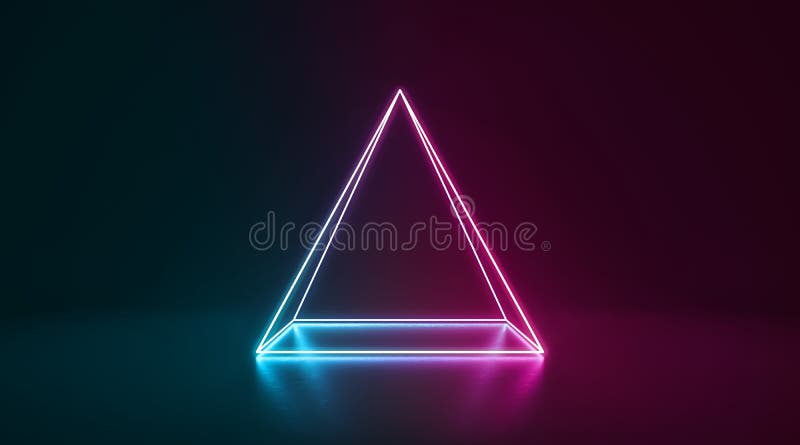 Blue and Pink Neon Glowing Pyramid Stand in Darkness Stock Illustration ...