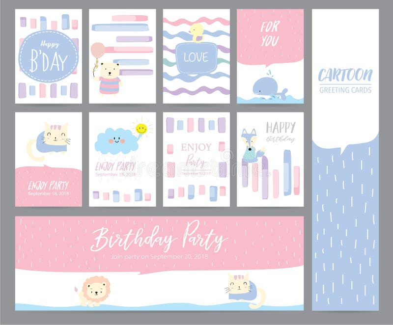 Blue Pink Pastel Greeting Card with Cat,rabbit,duck,whale,fox,cat and ...