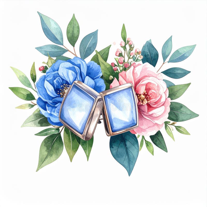 Blue and Pink Roses Watercolor Locket Illustration Stock Illustration ...