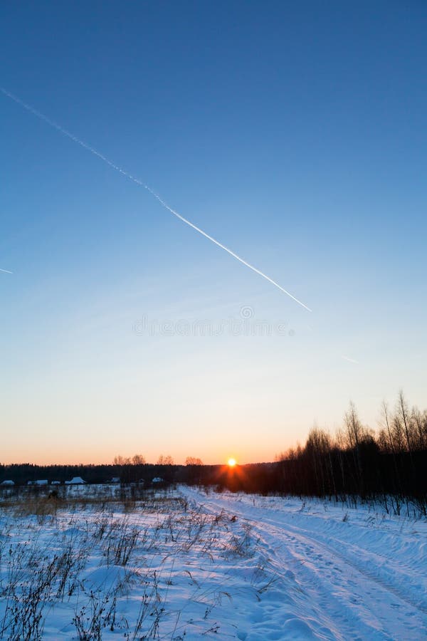 Blue and Pink Sky on Sunset and Snow Road Stock Photo - Image of frozen ...