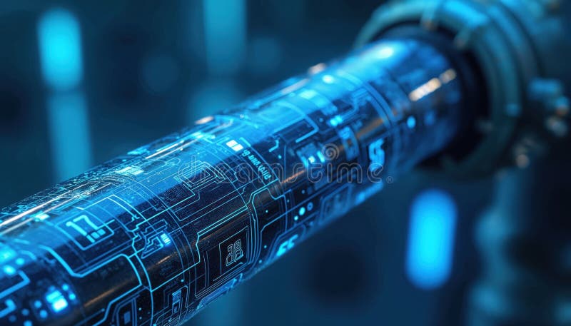 Blue Pipe Illustration with Binary Code, Wires, Numbers. Tech Concept, Data Flow, Cyber Network ...