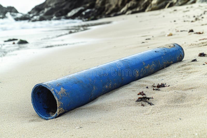 Blue pipe on sandy beach stock photo. Image of seaside - 380277124