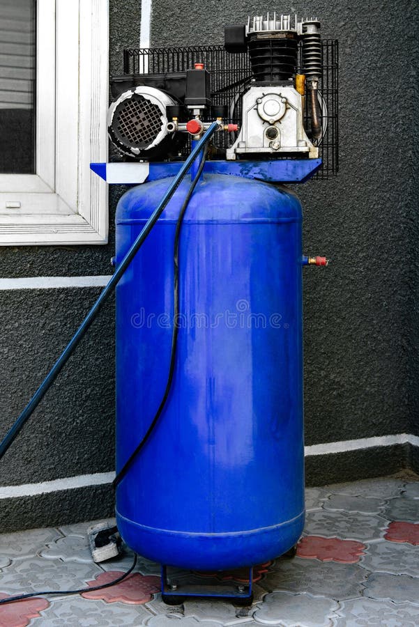 Blue Piston Air Compressor, Used Outdoor. Stock Photo - Image of paint ...