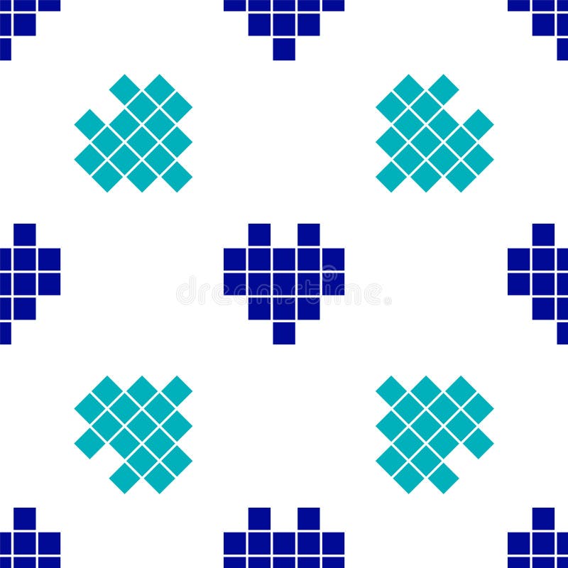 Blue Pixel Hearts for Game Icon Isolated Seamless Pattern on White ...