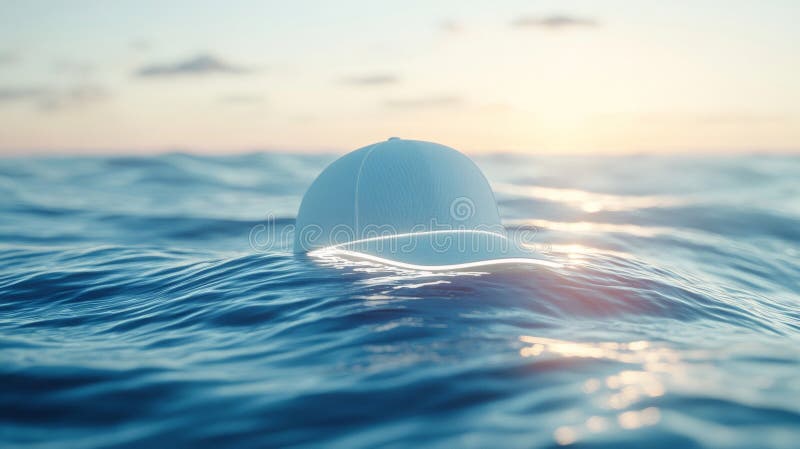 Blue Pixelated Cap Floating on Wavy Ocean Surface at Sunset with Soft ...