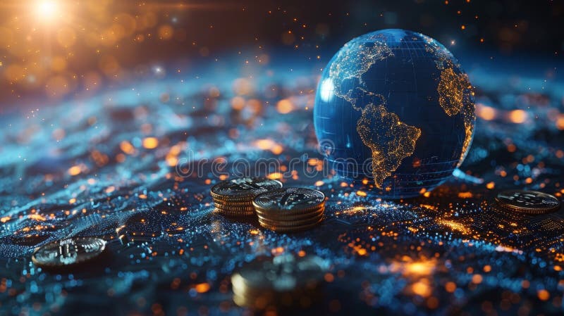 Blue Planet Earth with Coins Stacking on Top. Concept for Global ...