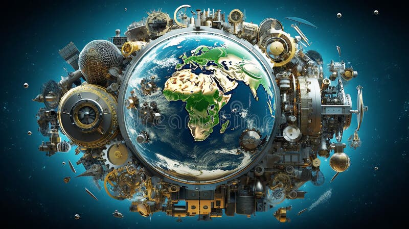 The Blue Planet Earth, Surrounded by Various Mechanisms and Tools Stock ...