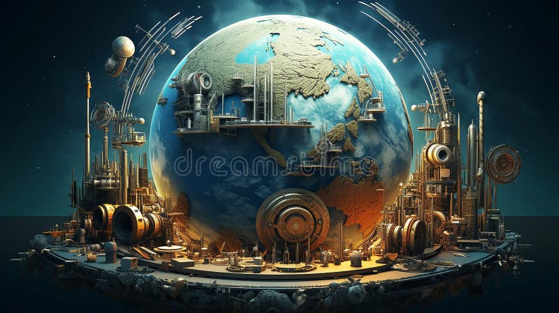 The Blue Planet Earth, Surrounded by Various Mechanisms and Tools Stock ...