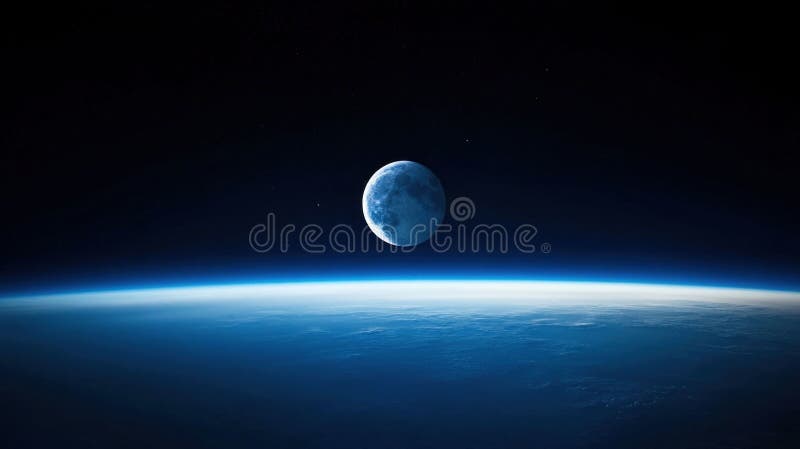 Blue Planet and Moon Viewed from Earth Horizon in Space Stock ... Blue Planet and Moon Viewed from Earth Horizon in Space Stock ...