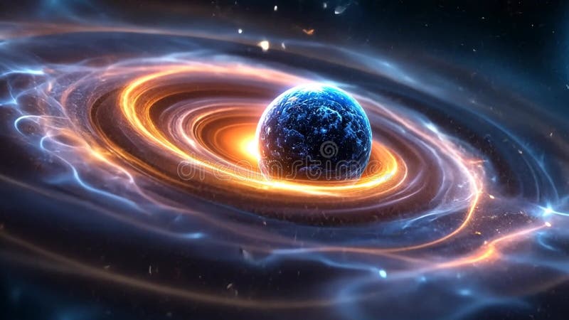 Blue Planet with Orange Light Rings in Starry Space Visual Effects ...