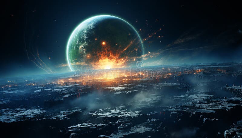 Blue Planet Orbiting in a Dark Galaxy, Glowing with Futuristic ...