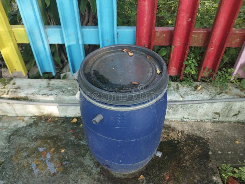 Blue Plastic Barrel Container Outdoors Stock Image - Image of nature ...