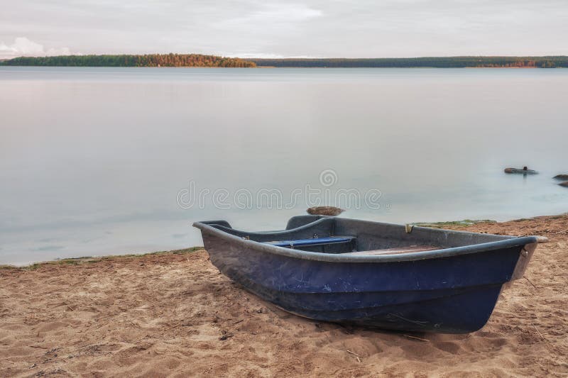 Blue Plastic Boat on the Sandy Beach of the Lake Stock Image - Image of ...