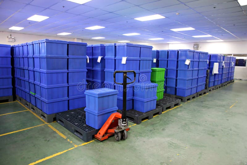 Blue Plastic Box Products in Industrial Factory Room. Stock Image ...