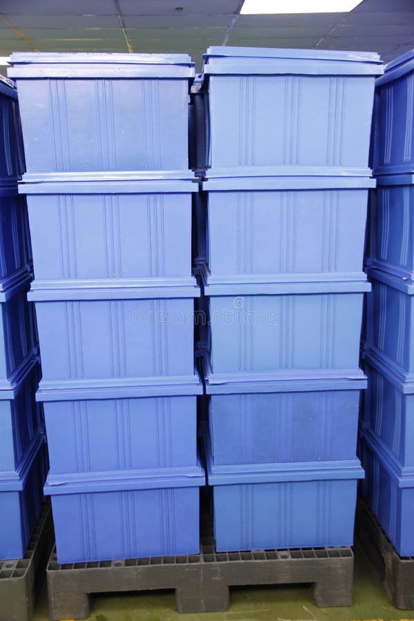 Blue Plastic Box Products in Industrial Factory Room. Stock Image ...