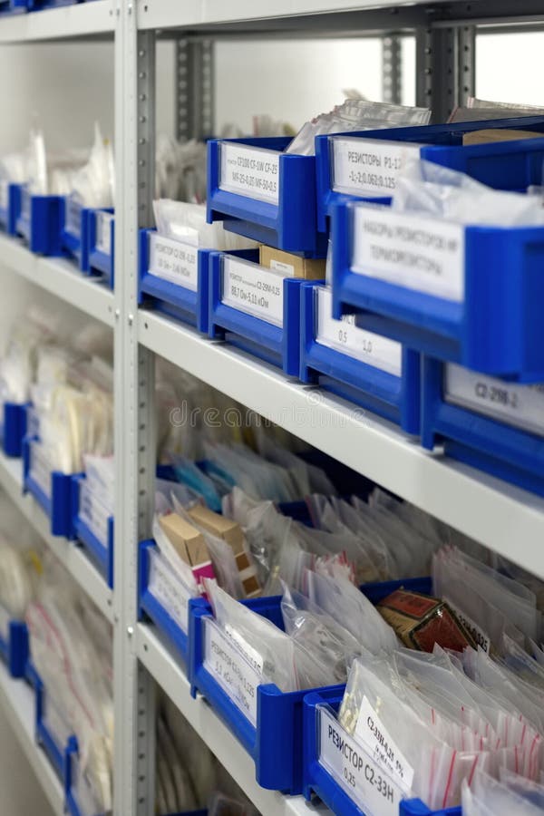 Blue Plastic Boxes Placed in Shelves. Stock Image - Image of inside ...