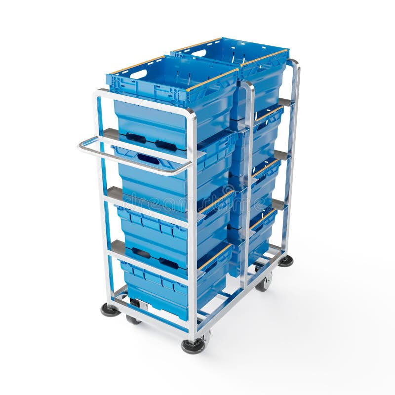 Blue Plastic Containers are on Wheels for Sale on the White Floor Stock ...