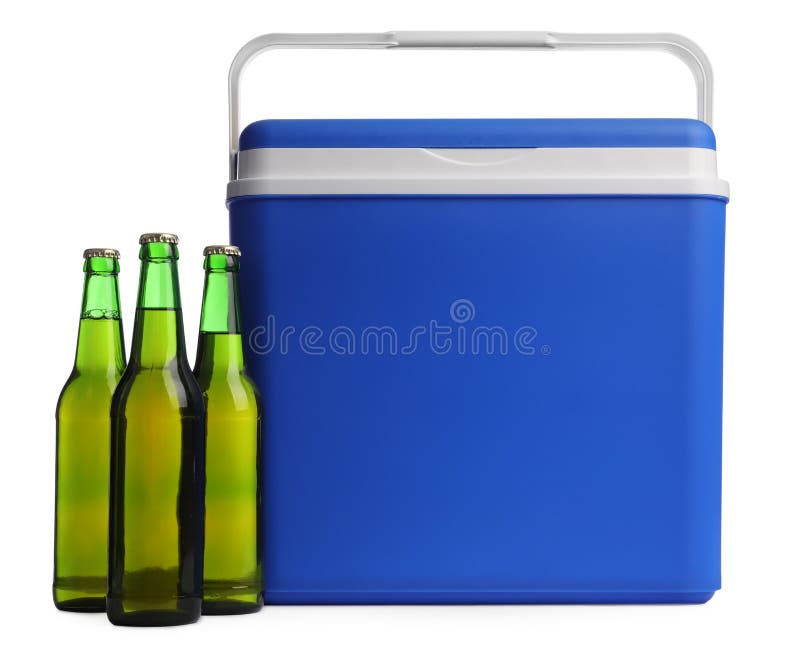 Blue Plastic Cool Box with Bottles Isolated on White Stock Photo ...