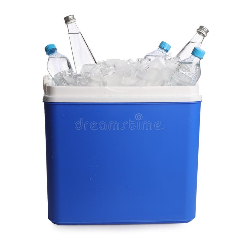 Blue Plastic Cool Box with Ice Cubes and Bottles of Water on White ...