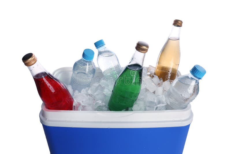 Blue Plastic Cool Box with Ice Cubes and Refreshing Drinks on White ...