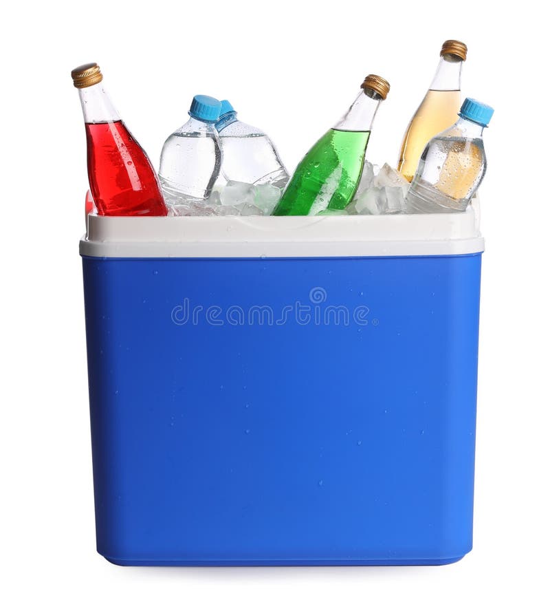 Blue Plastic Cool Box with Ice Cubes and Refreshing Drinks on White ...