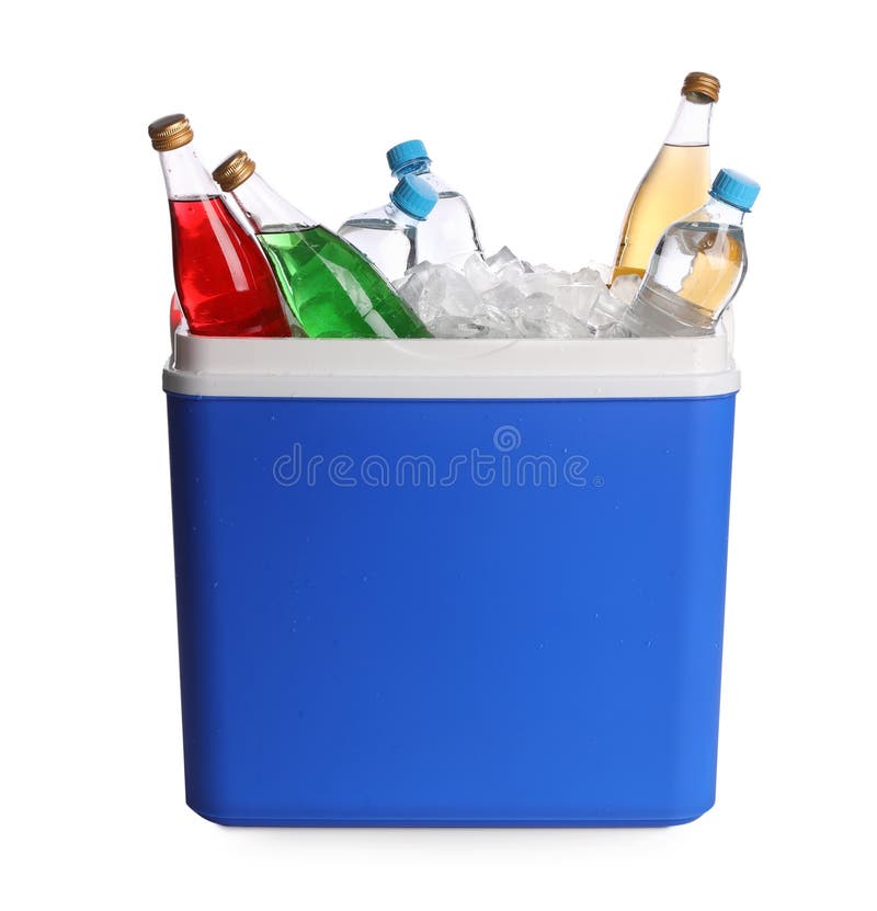 Blue Plastic Cool Box with Ice Cubes and Refreshing Drinks on White ...