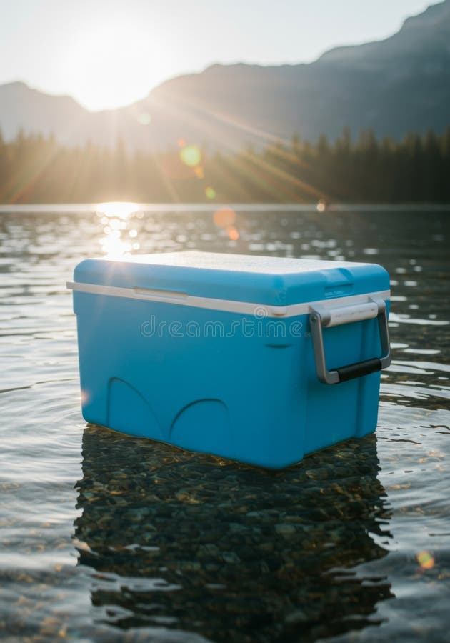 Blue Plastic Cooler Floating in Calm Lake at Sunset Stock Illustration ...