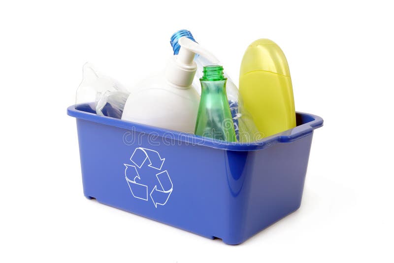 Blue Disposal Bin and Color Glass Bottles Stock Photo - Image of ...