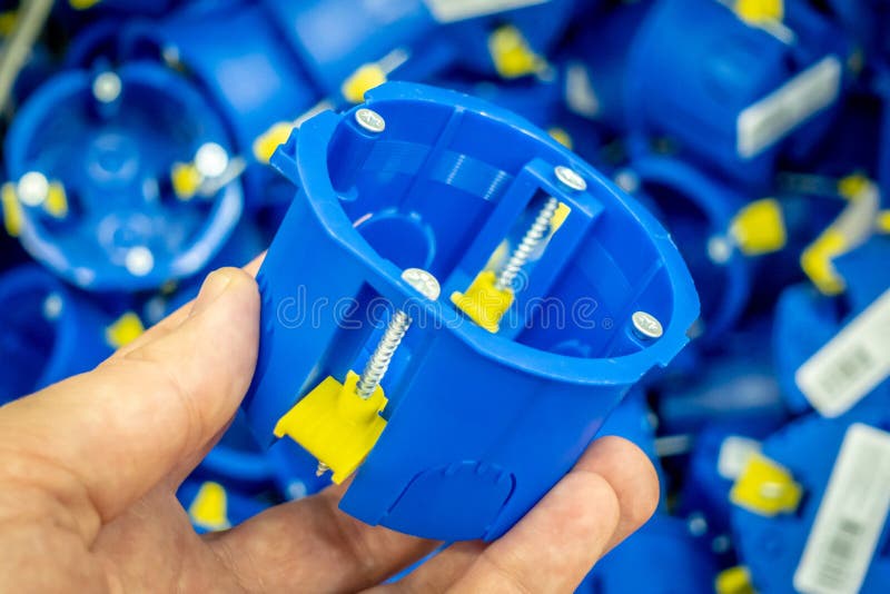 Blue Plastic Enclosure for Installation of Electrical Outlet. Wiring in ...