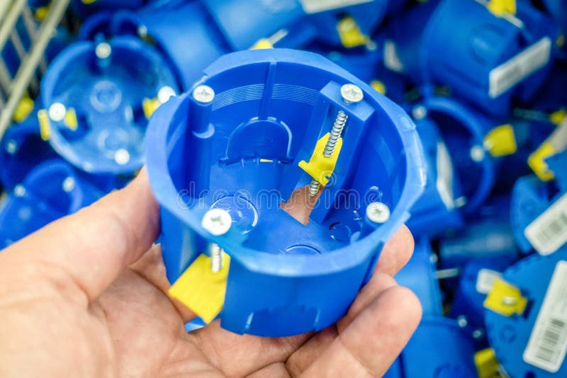 Blue Plastic Enclosure for Installation of Electrical Outlet. Wiring in ...