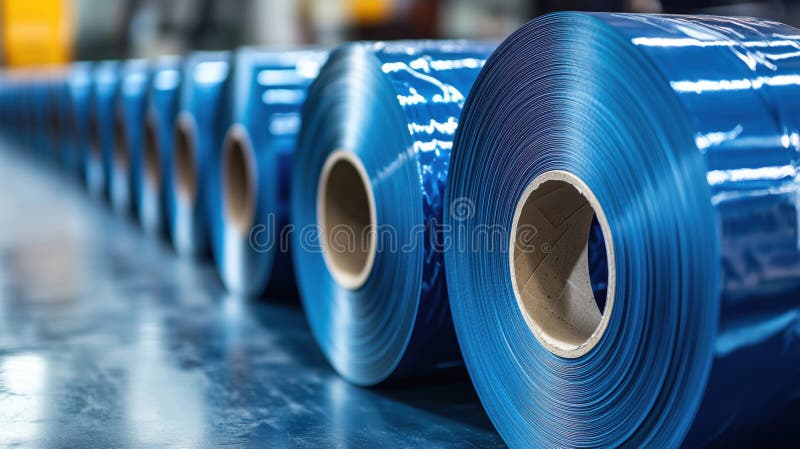 Blue Plastic Film Rolls Stacked in a Manufacturing Facility for ...