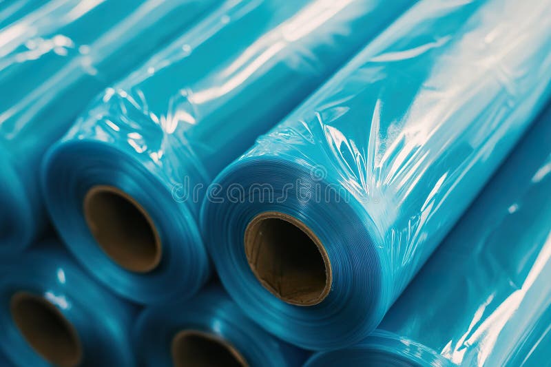 Blue Plastic Film Rolls in Warehouse for Industrial Packaging Stock ...